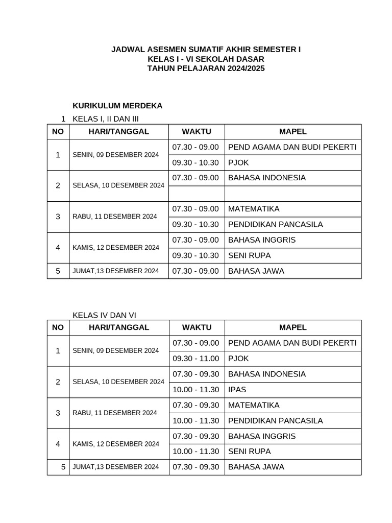 JADWAL PENILAIAN SUMATIF AKHIR SEMESTER GENAP | PDF