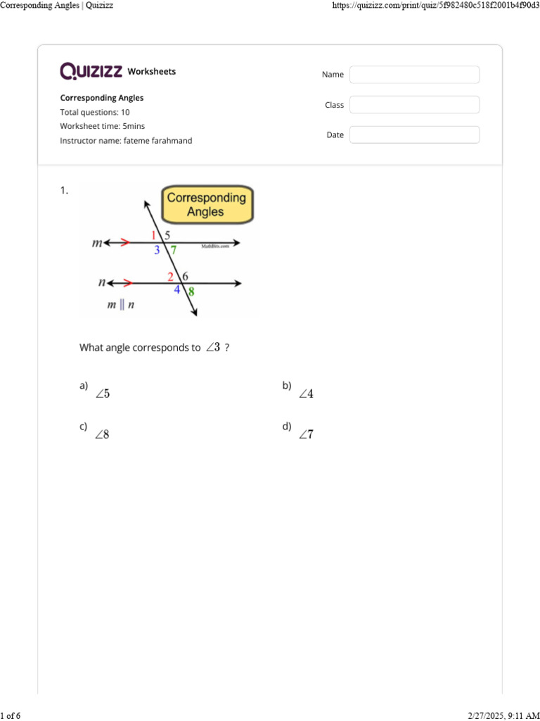 Corresponding Angles Quiz Worksheet | PDF | Euclidean Geometry ...