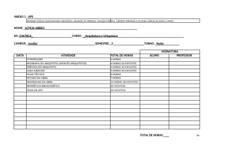 Ficha de APS - Atividade de 50 Horas | PDF
