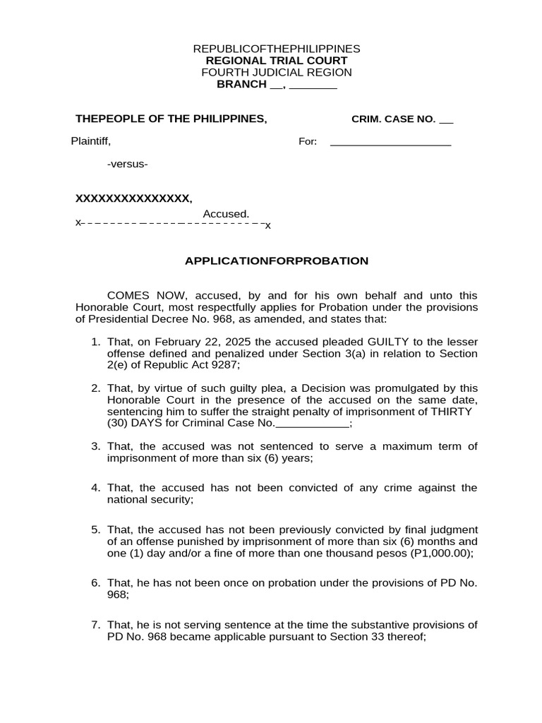 Application For Probation Sample | PDF | Probation | Sentence (Law)