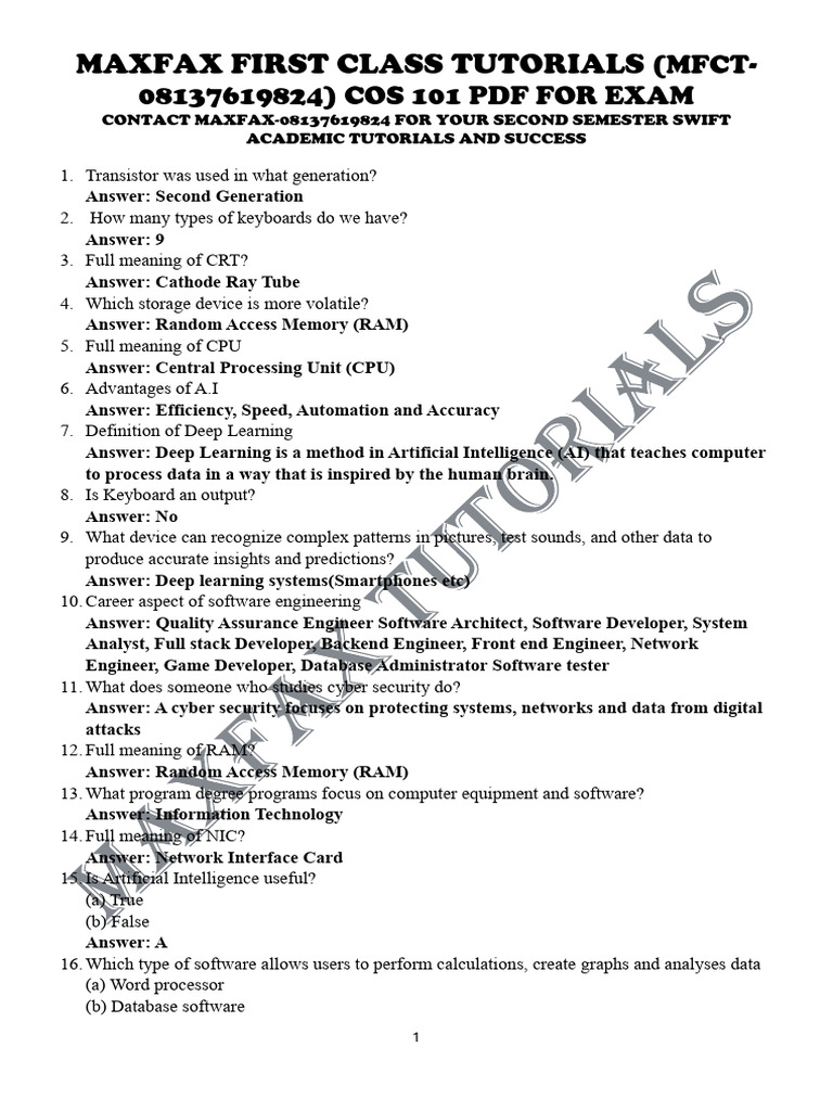 Maxfax (MFCT) Confirmed Cos 101 PDF For Exam | PDF | Computer Data ...