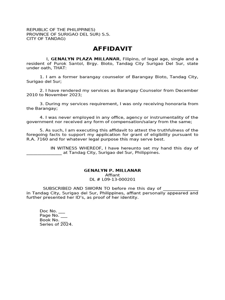 AFFIDAVIT - GENALYN PLAZA MILLANAR | PDF