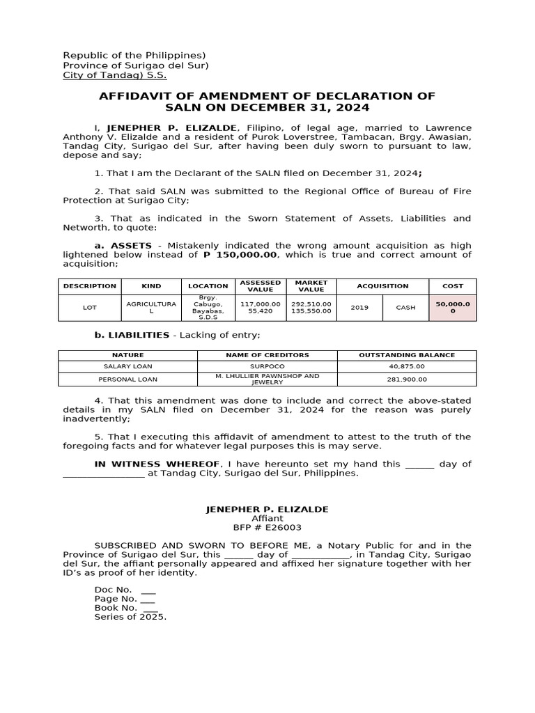 Affidavit of SALN Amendment 2024 | PDF | Affidavit