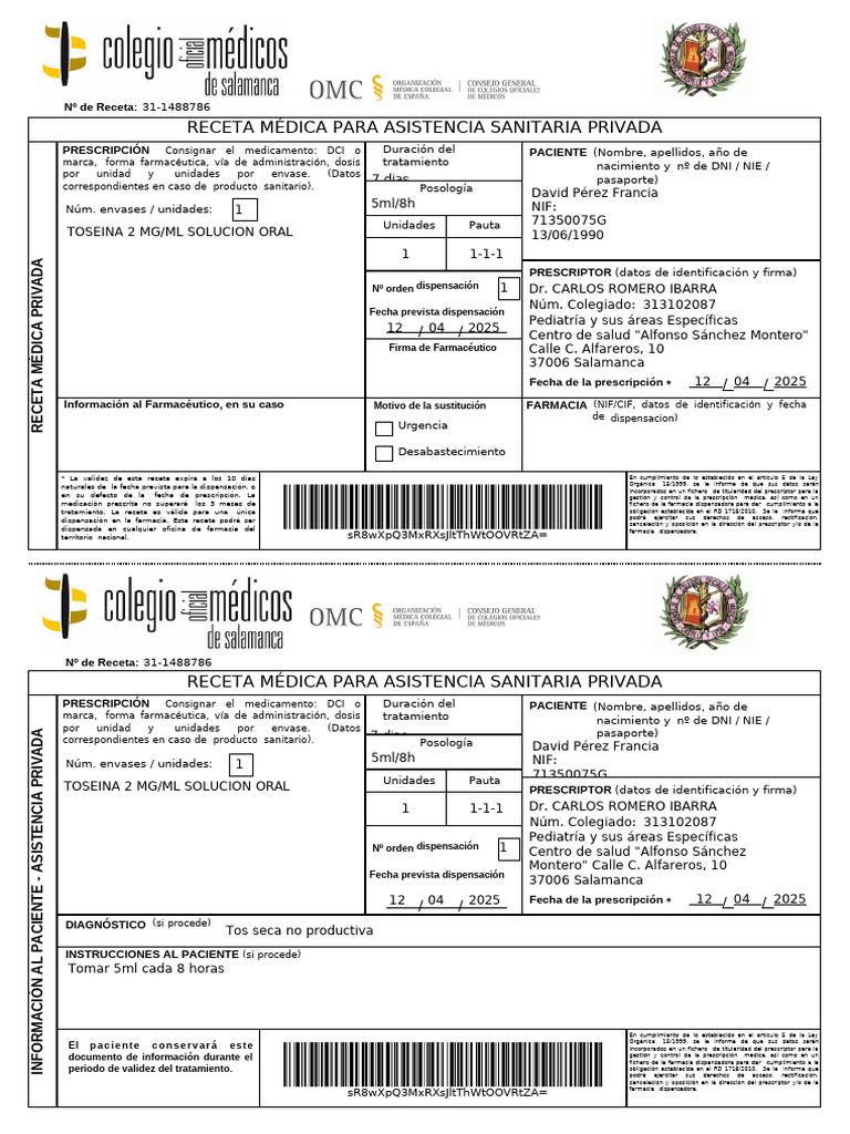 Receta Toseina Salamanca-1 | PDF | Prescripción médica | Farmacia