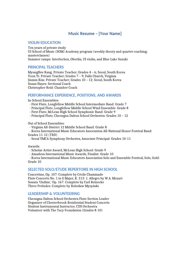 Music Resume for Flute Performer | PDF