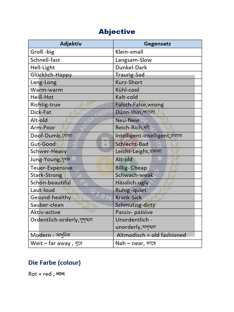 Adjective and Color in Deutsch | PDF