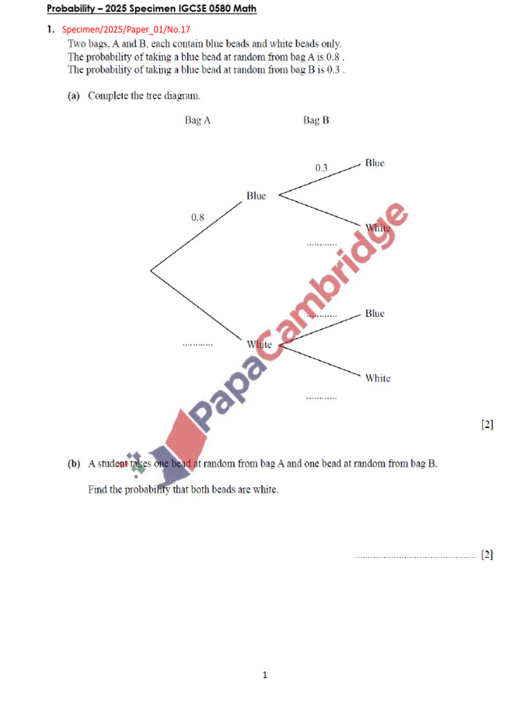 2025 Probability IGCSE 0580 Math Specimen | PDF