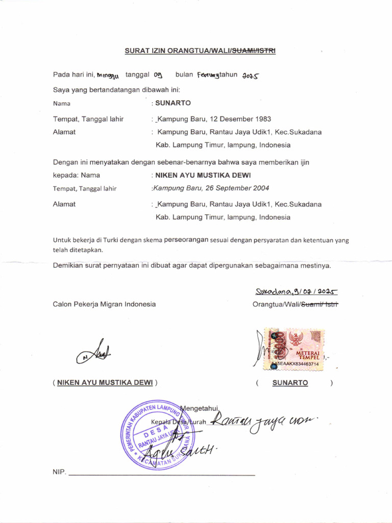 Surat Izin Orang Tua NIKEN | PDF