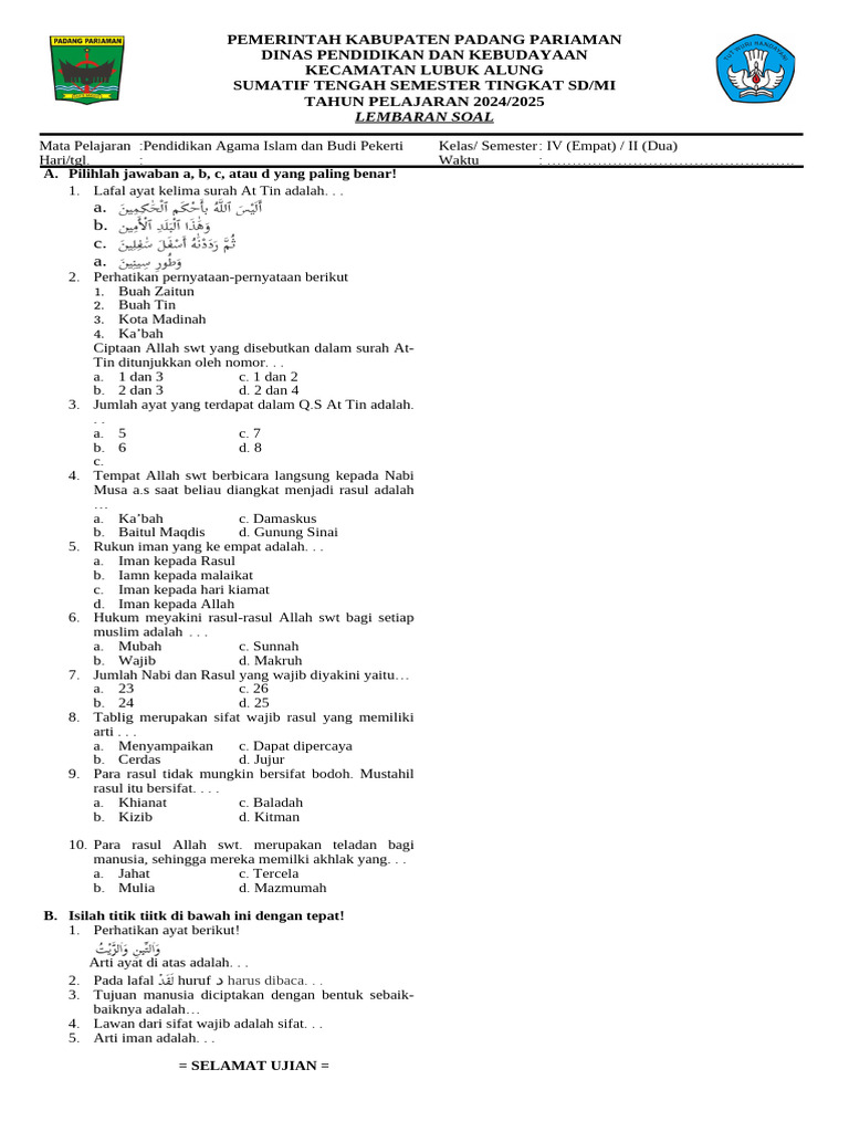 SOAL STS PAI SEM 2 KELAS 4 Ok | PDF