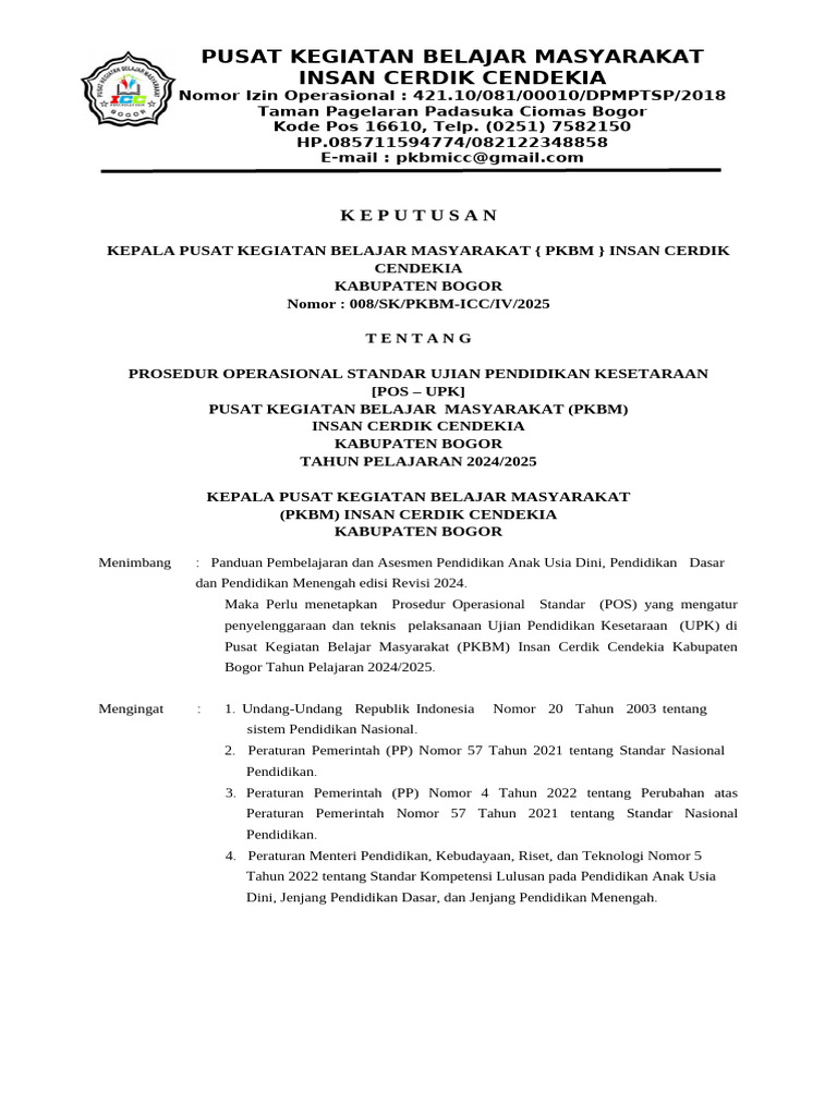 POS UPK TAHUN PELAJARAN 2024-2025 Kab. Bogor | PDF