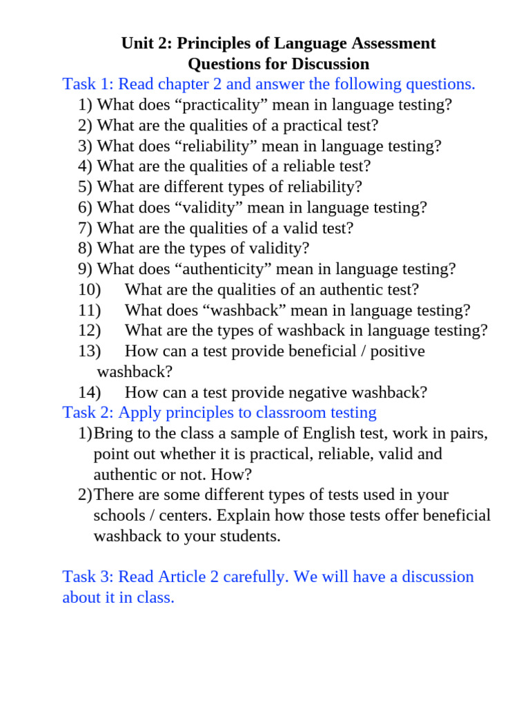 Unit 2 - Principles of Language Assessment-Questions For Discussion | PDF