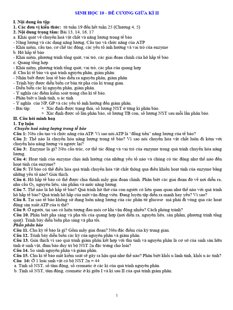 HS - ĐỀ CƯƠNG GK II SINH 10 | PDF