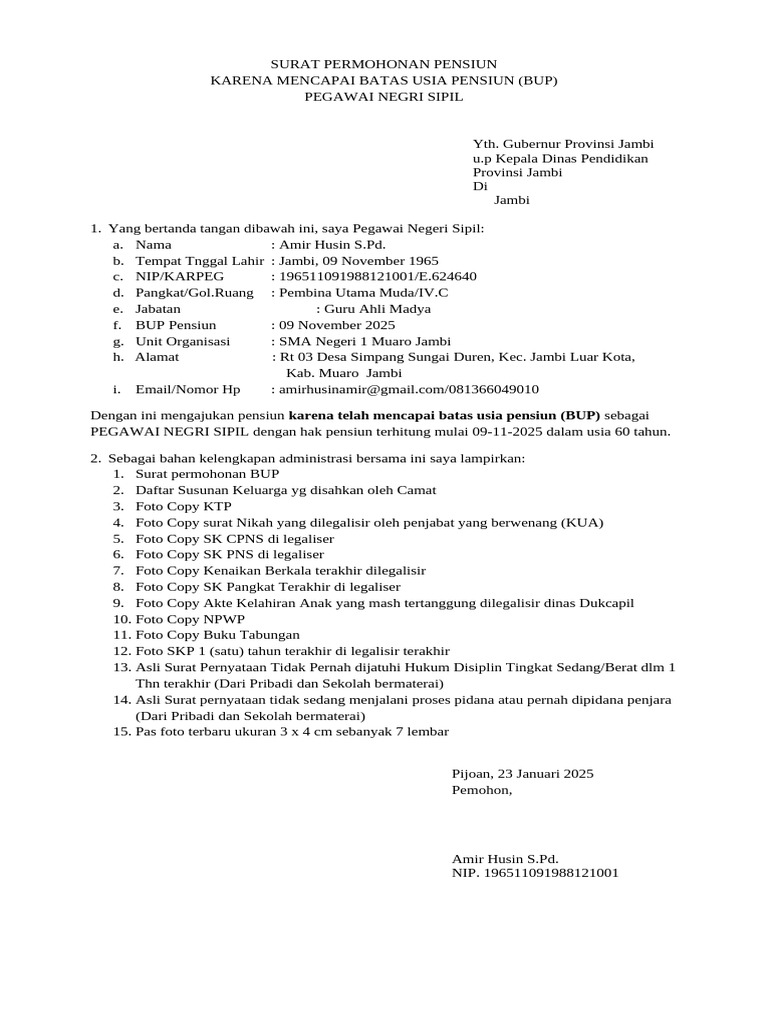 Surat Permohonan Pensiun PNS BUP | PDF