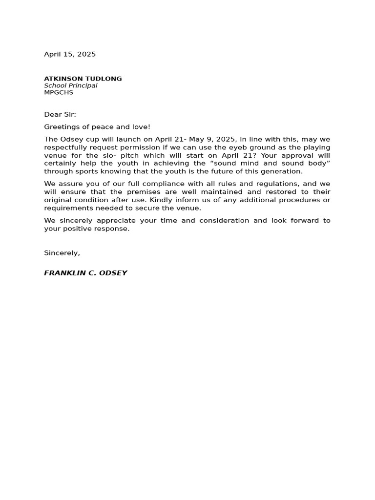 Request to Use Eyeb Ground for Odsey Cup | PDF