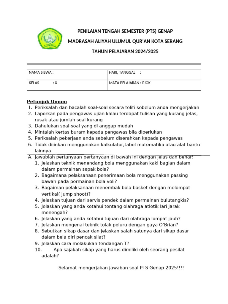 Kop PTS Genap Pjok 2024-2025 | PDF