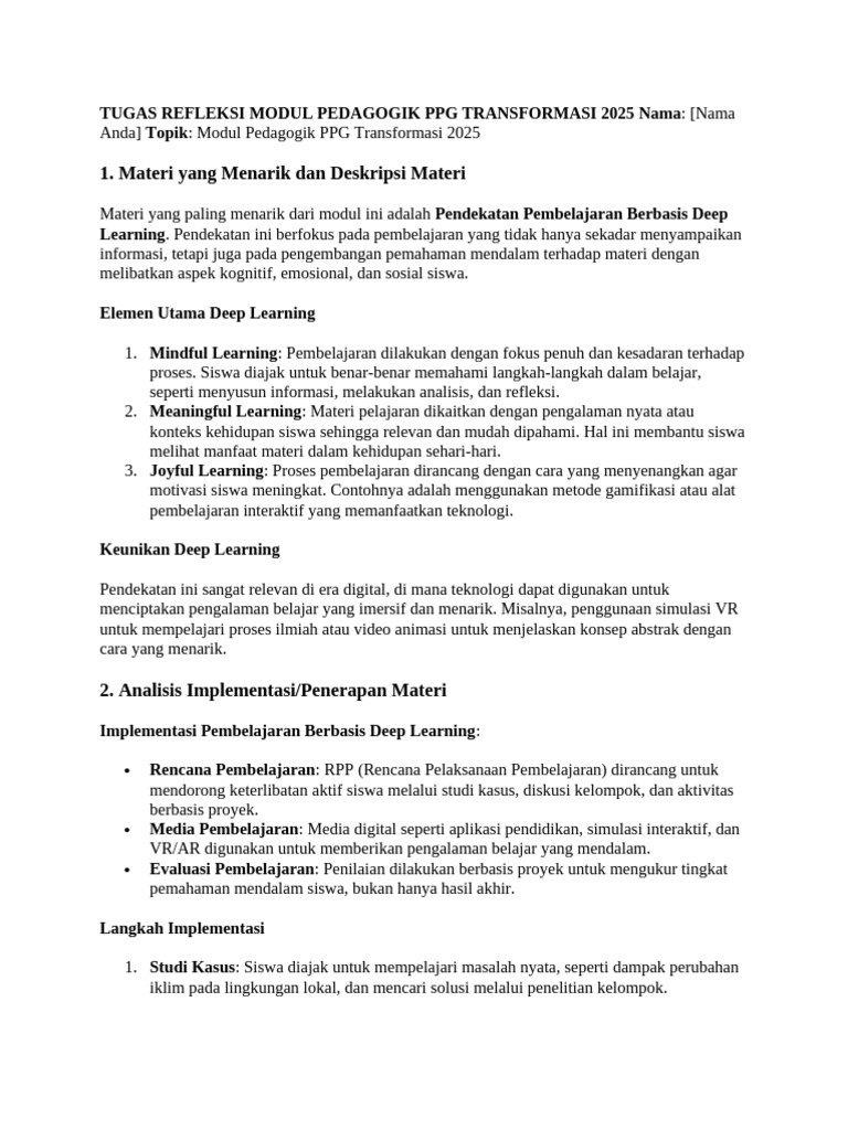 Tugas Refleksi Modul Pedagogik PPG Transformasi 2025 Edit Julu | PDF