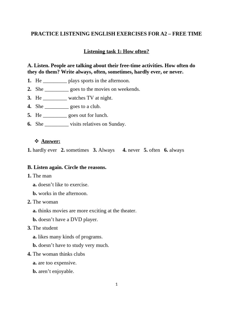 Practice Listening English Exercises For A2 | PDF