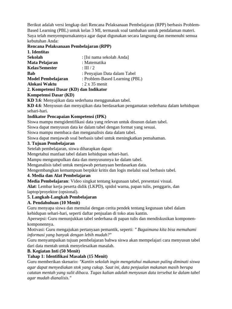 RPP PBL Kelas 3: Penyajian Data Tabel | PDF