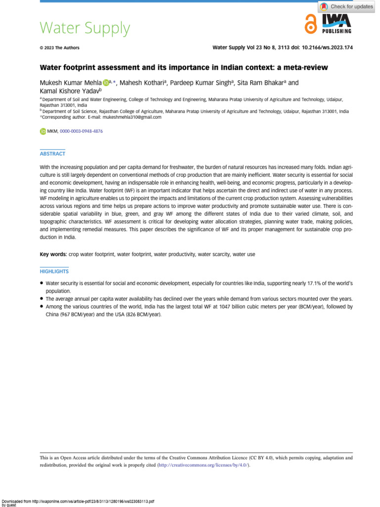 Water Footprint Assessment and Its Importance in Indian Context A Meta ...