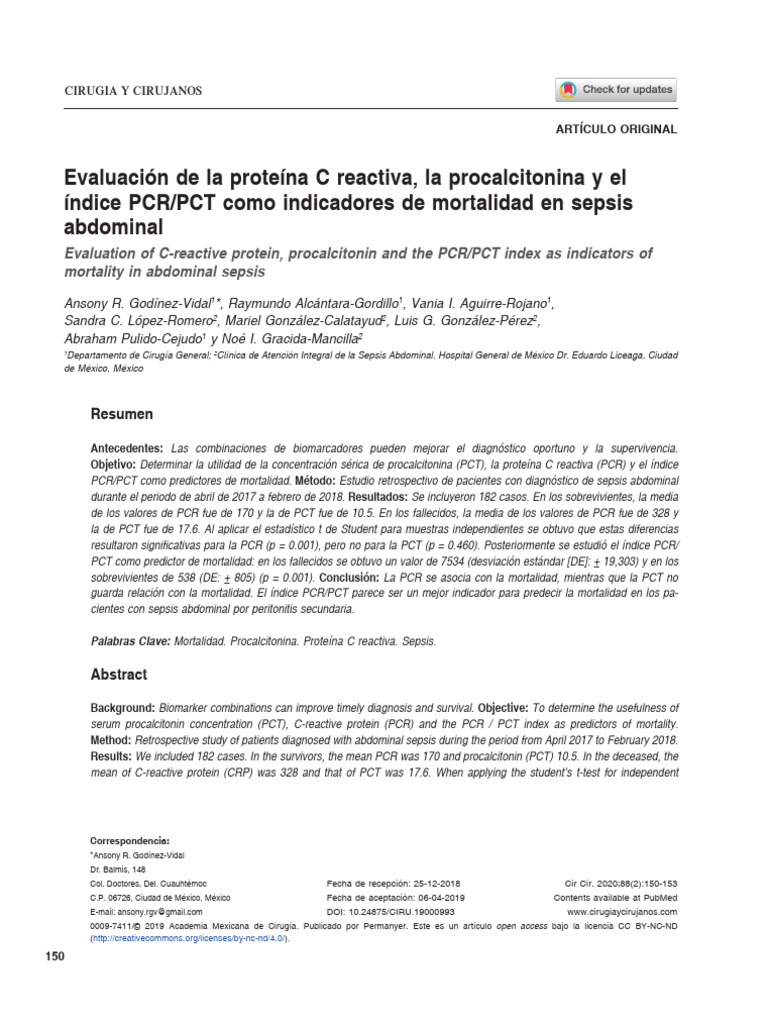 Mortalidad en sepsis abdominal: PCR y PCT | PDF | Hematología ...