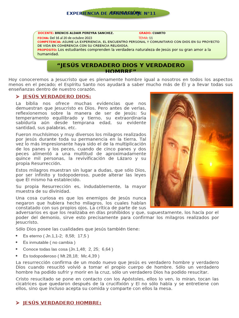 2023 Ficha 4°-Jesús Verdadero Dios y Verdaero Hombre - Geb. | PDF | Jesús | Dios