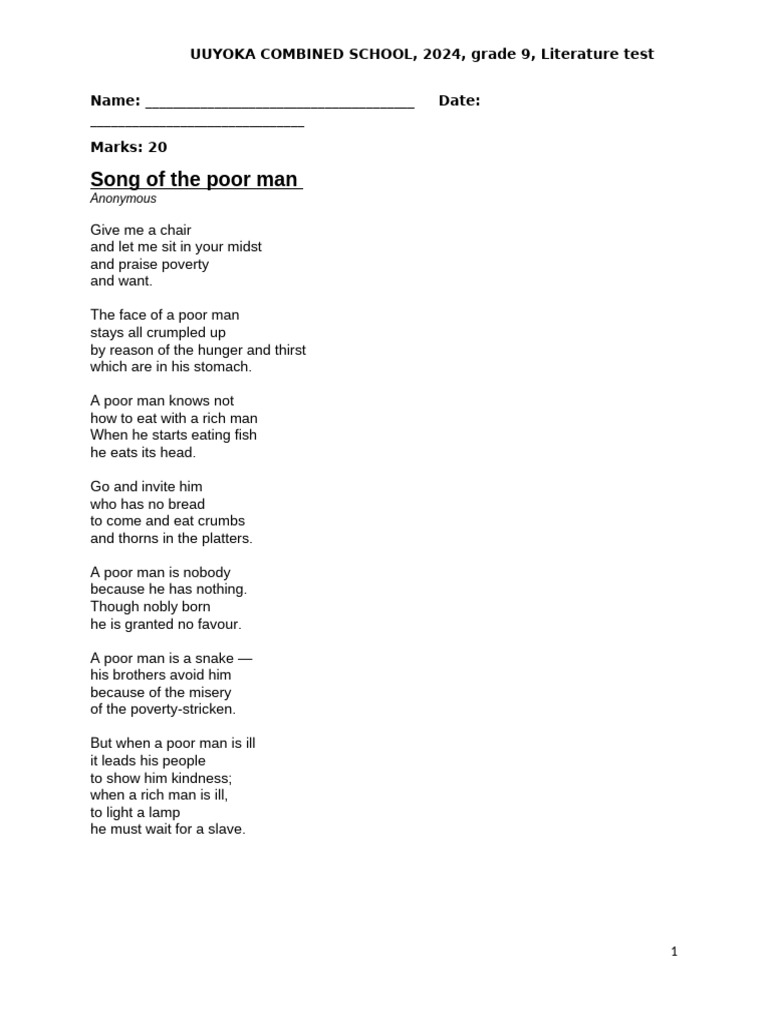 Grade 9 Poetry Test: "Song of the Poor Man" | PDF | Poetry