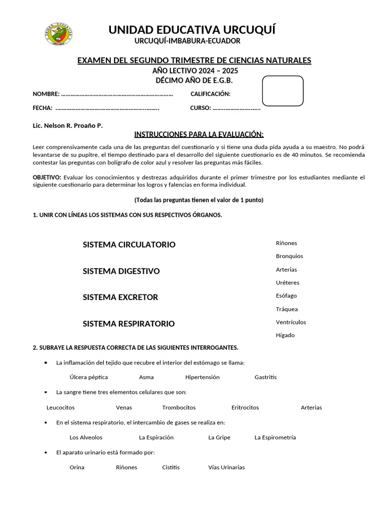 Examen Del Segundo Trimestre de CCNN 2024-2025 | PDF | Sistema urinario | Sistema digestivo humano