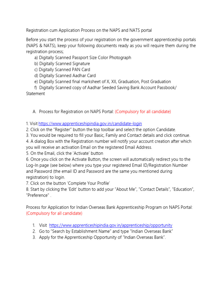 IOB - Registration On The NAPS and NATS Portal | PDF