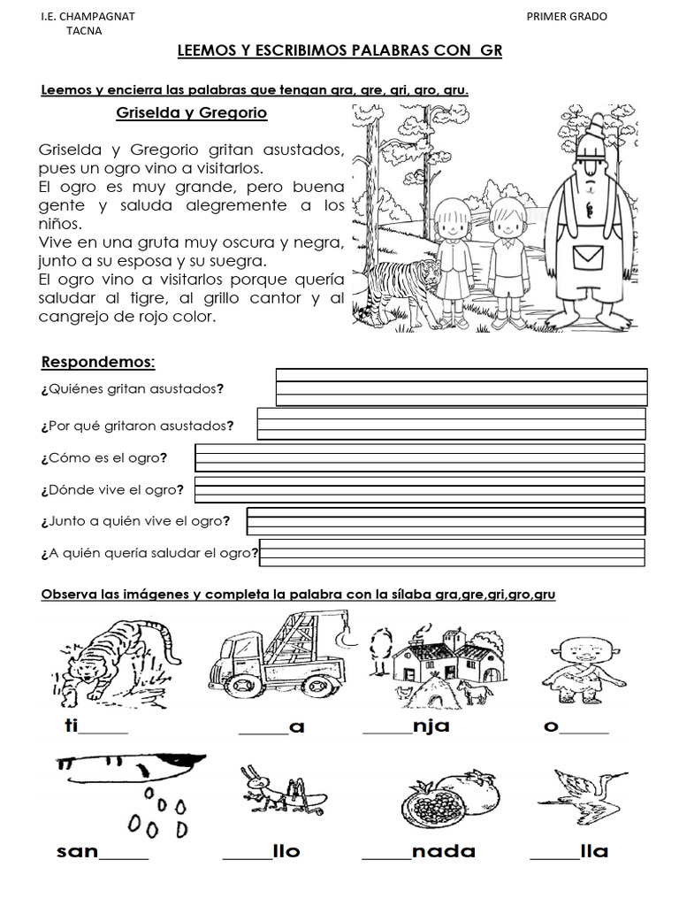Actividades con sílabas gra, gre, gri, gro, gru | PDF