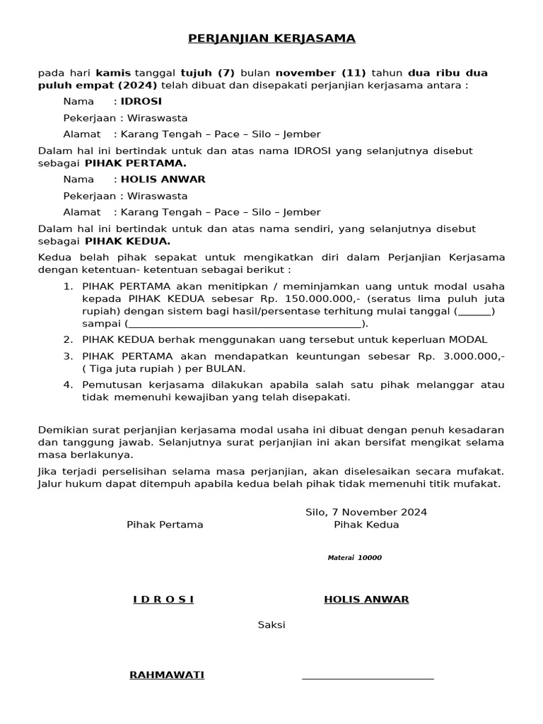 Surat Perjanjian Kerjasama | PDF