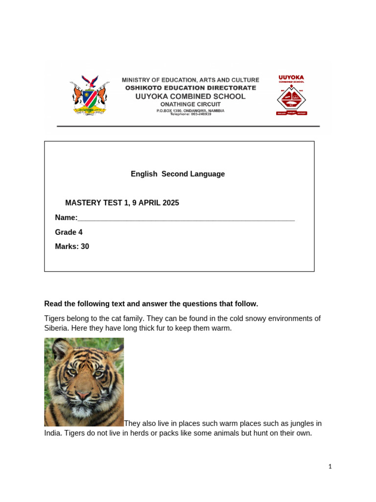 GRADE 4 MASTERY TEST 1 2025 | PDF | Tiger