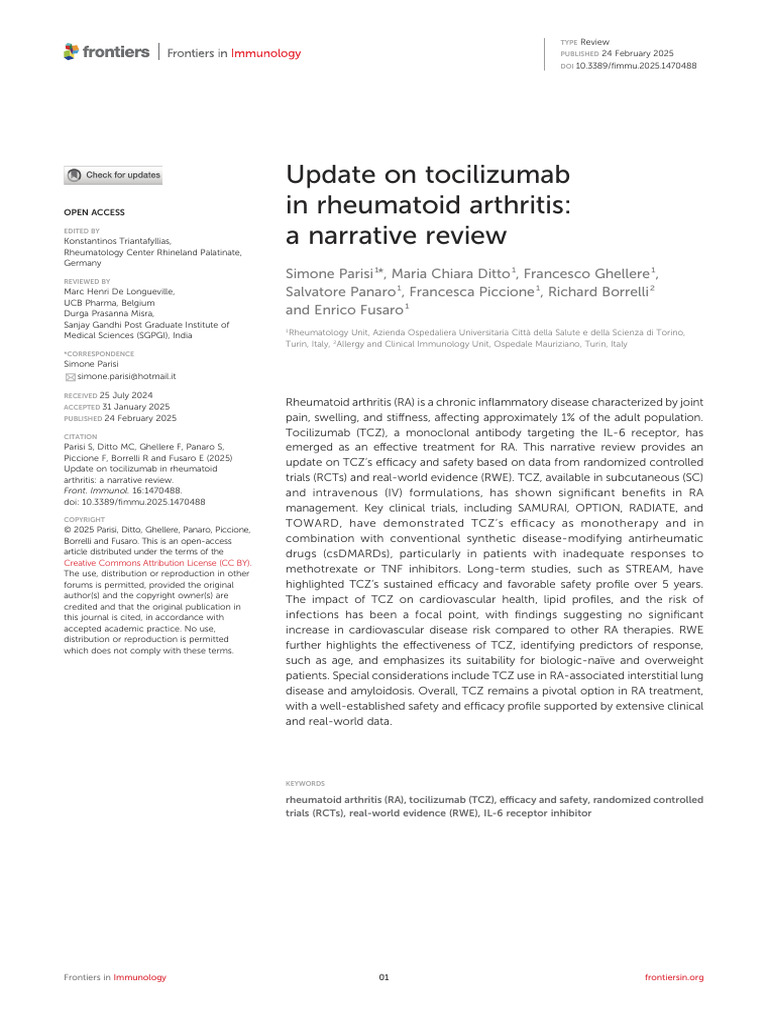 Update On Tocilizumab in Rheumatoid Arthritis A Narrative Review | PDF | Interleukin 6 ...