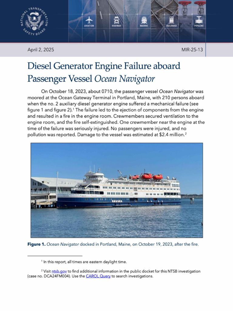 Diesel Generator Engine Failure Aboard Passenger Vessel Ocean Navigator ...