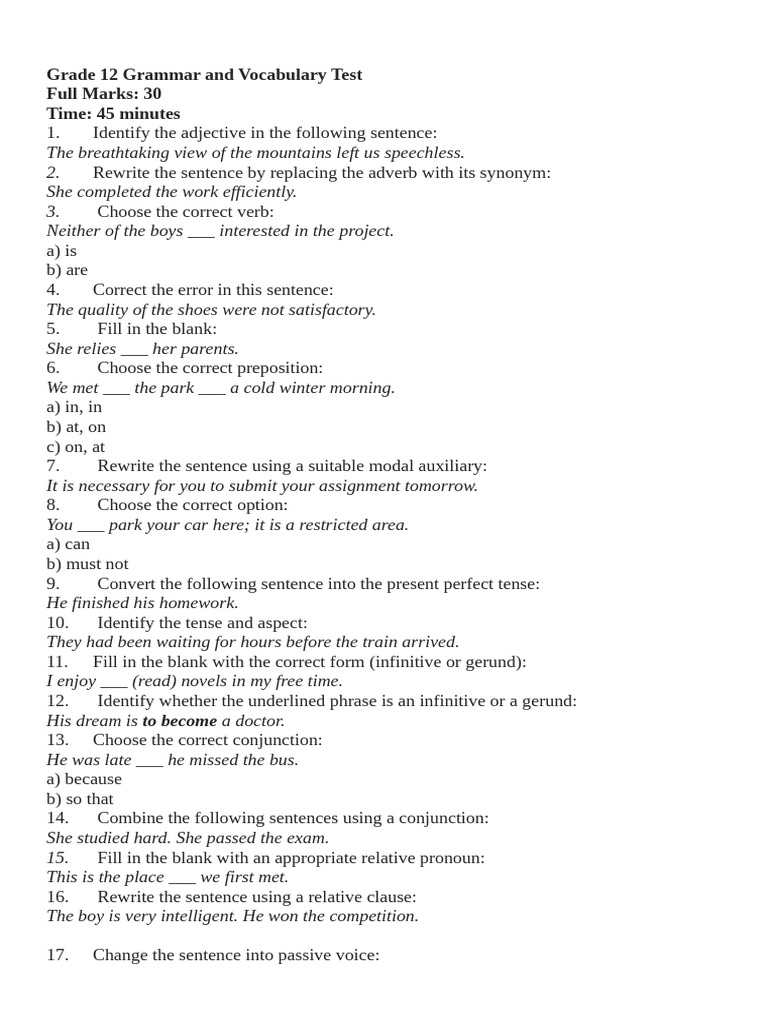 Grade 12 Grammar and Vocabulary Test Full Marks: 30 Time: 45 Minutes ...