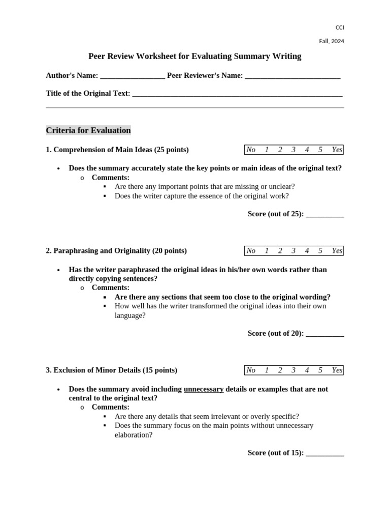 Peer Review Worksheet for Summaries | PDF | Communication | Linguistics