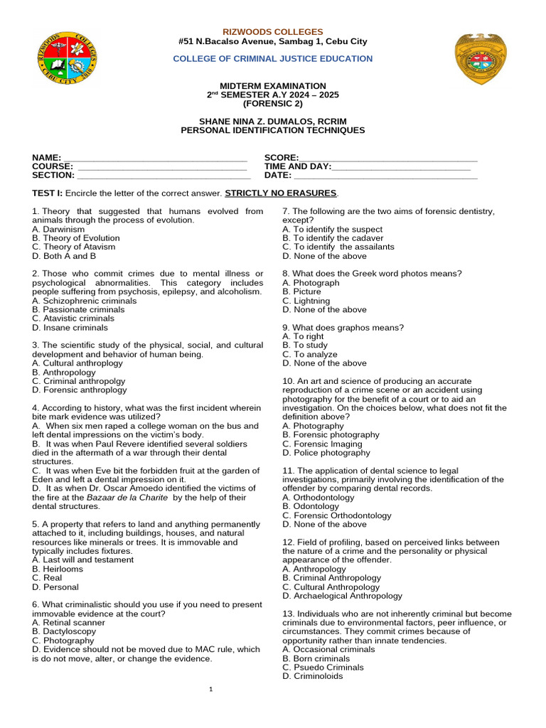 Forensic Personal Identification Exam 2024 | PDF