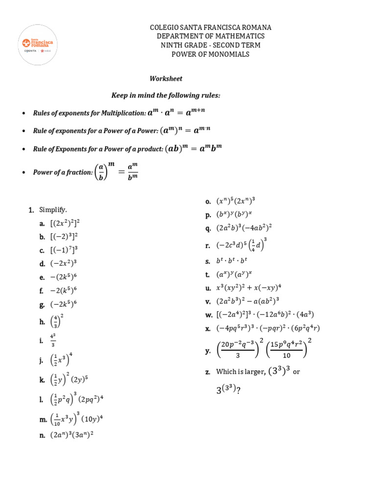 Worksheet Power of Monomials | PDF