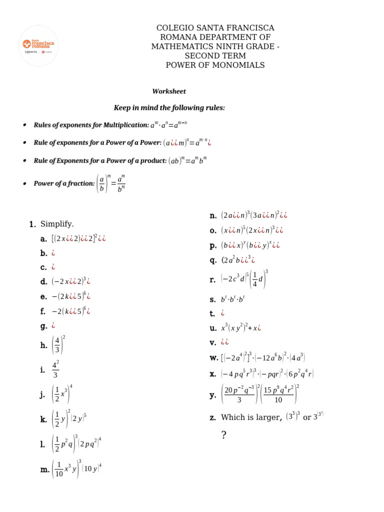 Power of Monomials Worksheet | PDF