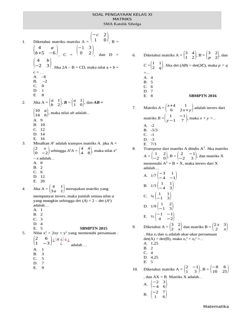 Soal Matriks Kelas XI SMA Katolik | PDF