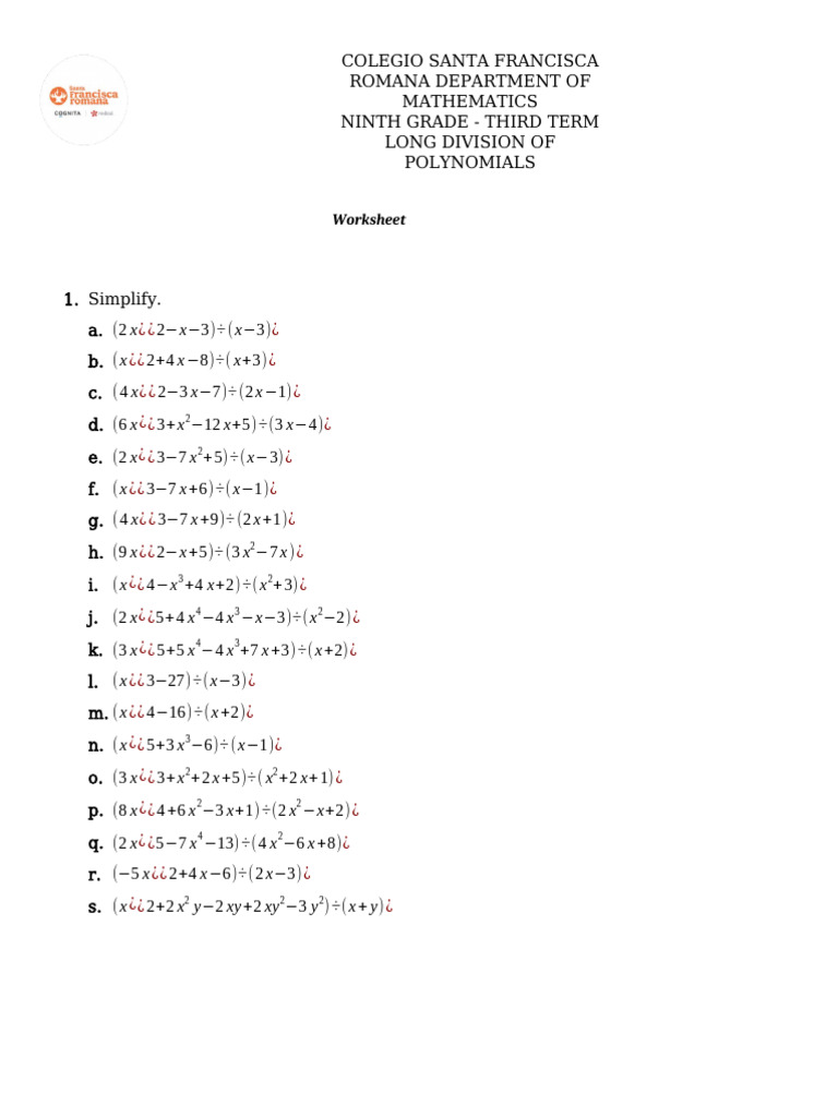 Worksheet Long Division of Polynomials | PDF