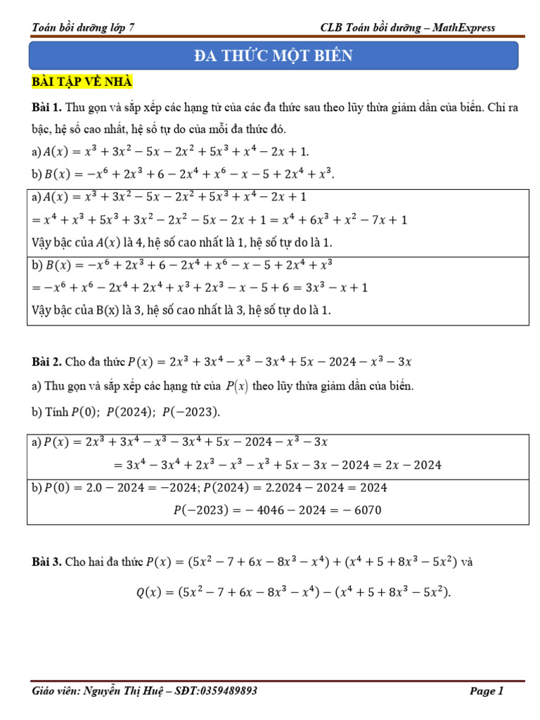 BC.7A1.HDBTVN.buổi 27 Đa Thức Một Biến | PDF