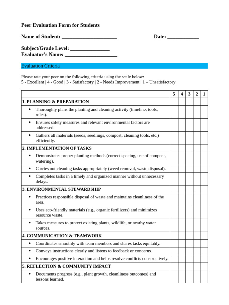 Student Peer Evaluation Form Template | PDF