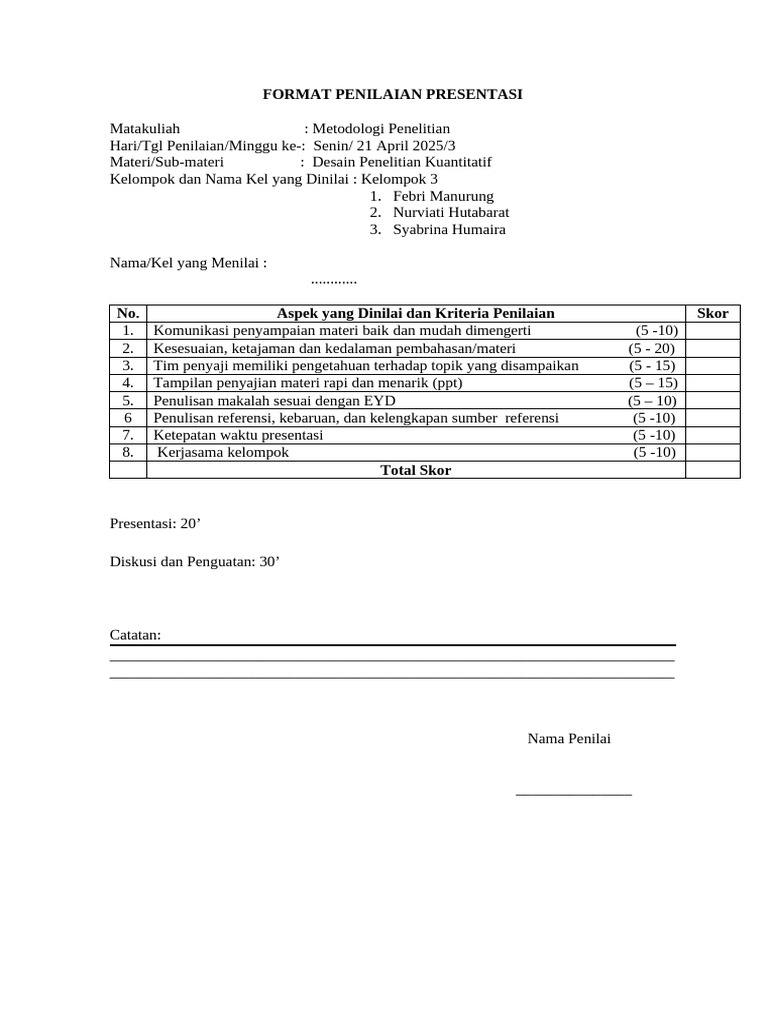 Form Penilain_Kel 3_Pert 3_Desain Penelitian Kuantitatif | PDF