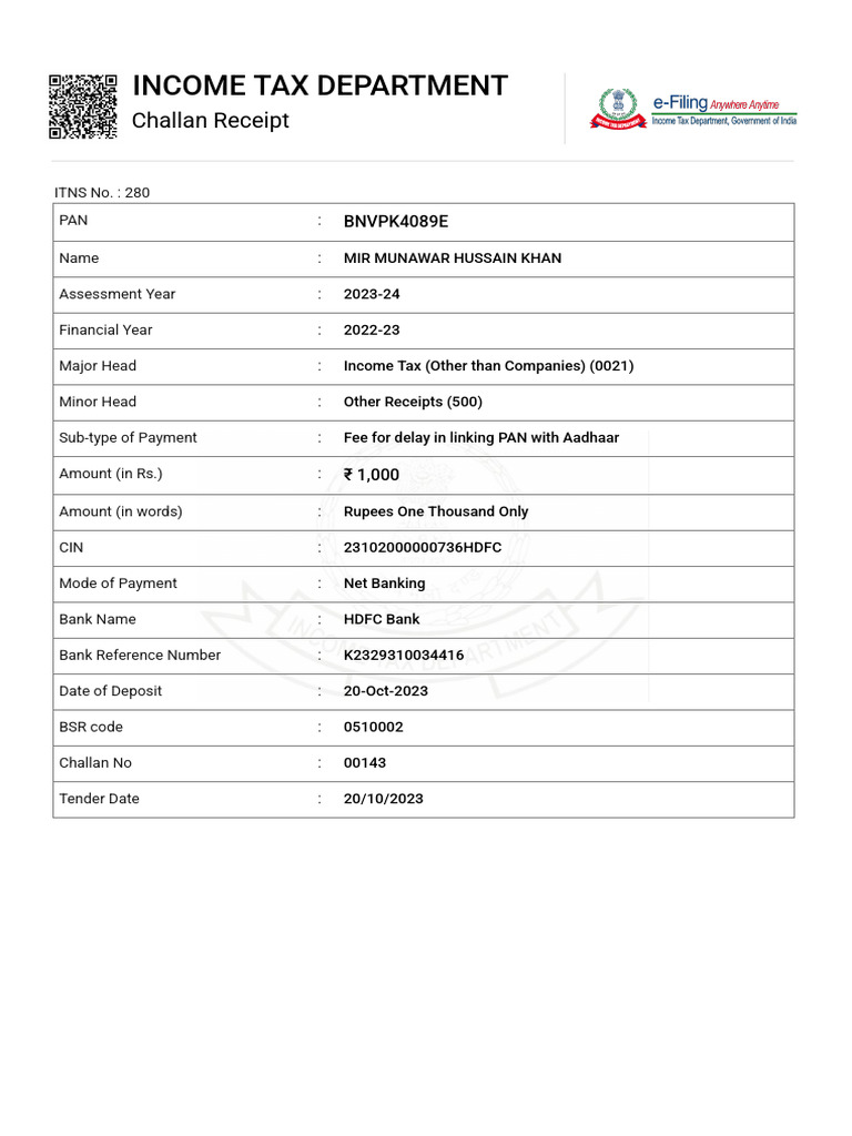 Income Tax Challan Receipt for 2023-24 | PDF | Taxes | Taxation