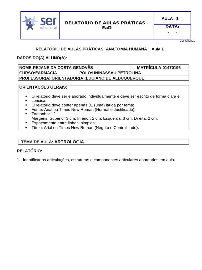 RELATÓRIOPRÁTICA 1 SEAD - ANATOMIA HUMANA - Aula 1 | PDF | Ventrículo ...