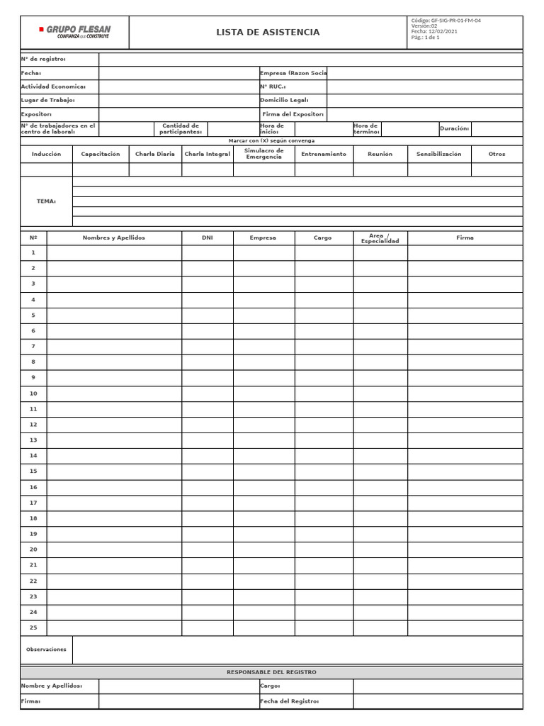 GF-SIG-PR-01-FM-04 Lista de Asistencia Ver.02 | PDF