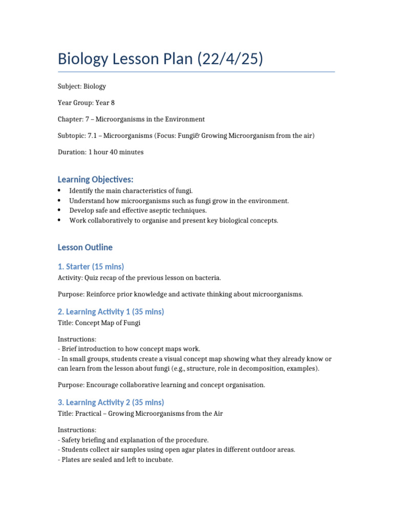 Lesson Plan Chapter 7 Microorganisms | PDF
