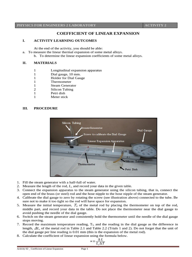 Linear Expansion Coefficients Lab Guide | PDF | Thermal Expansion ...