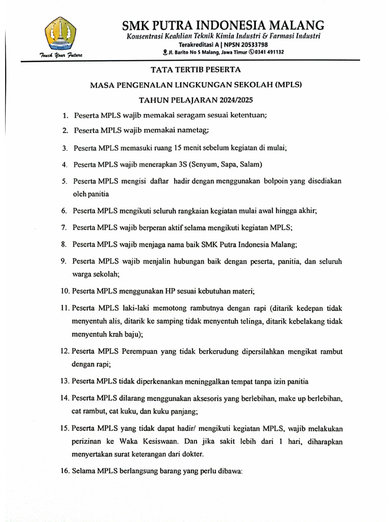 Tata Tertib Peserta MPLS | PDF