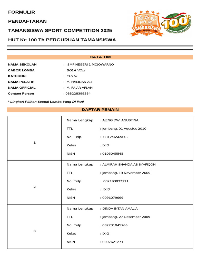 FORMULIR Turnamen Bola Voli 2025 PUTRI | PDF